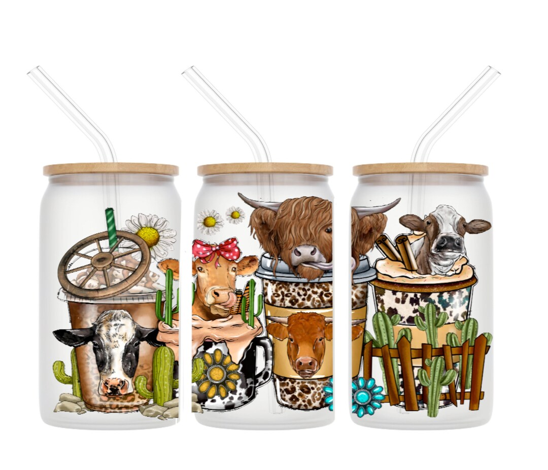 Western Cows Beer Glass Can Cup, Rodeo Coffee Jar, Iced Coffee Beer Can ...