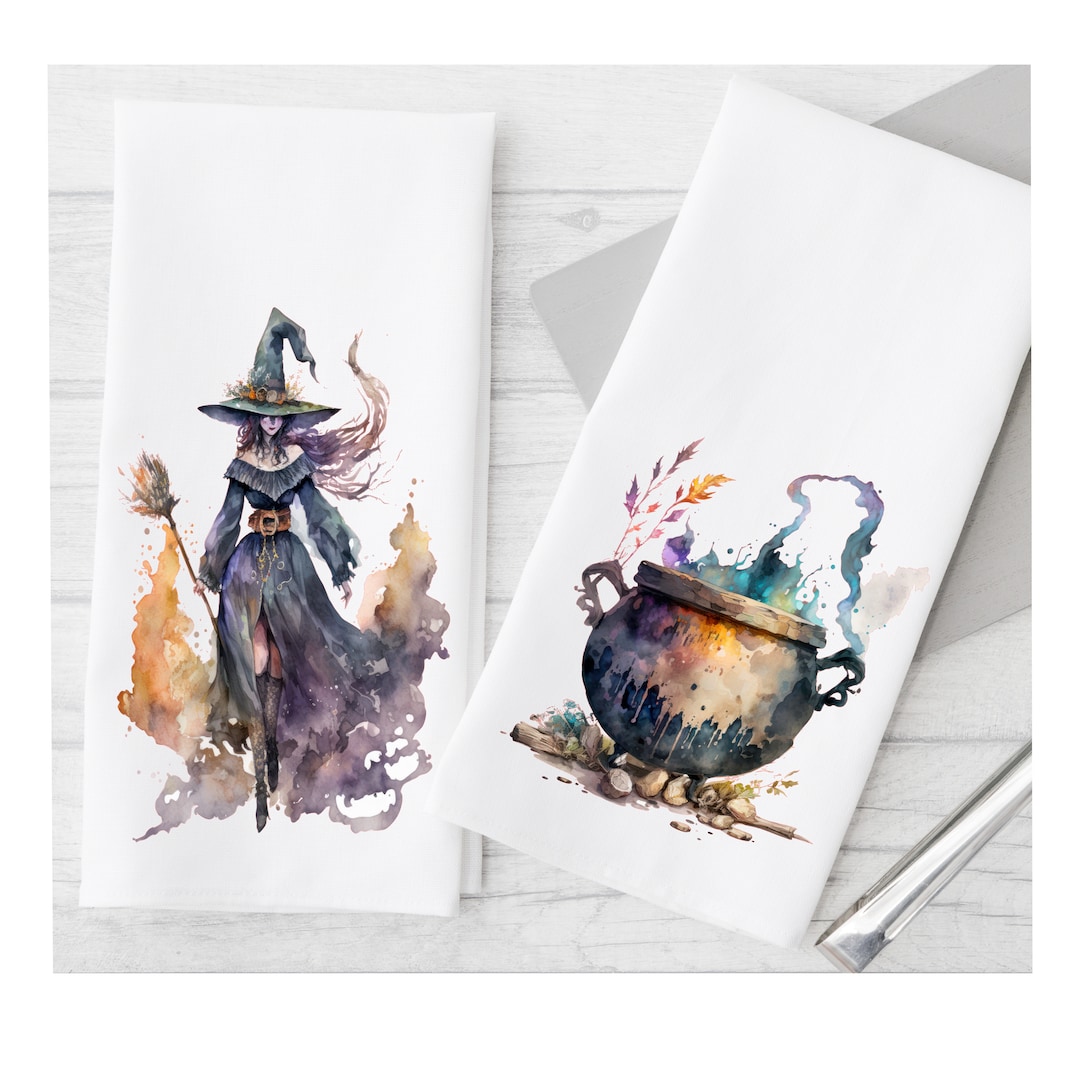 Set of 2 Halloween Witch and Cauldron Dish Kitchen Towels, Fall Gifts ...