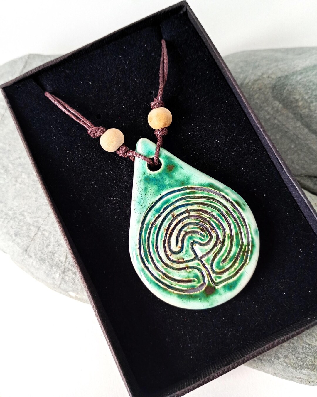 Ceramic Pottery Labyrinth Teardrop Pendant Necklace, Pottery Labyrinth ...