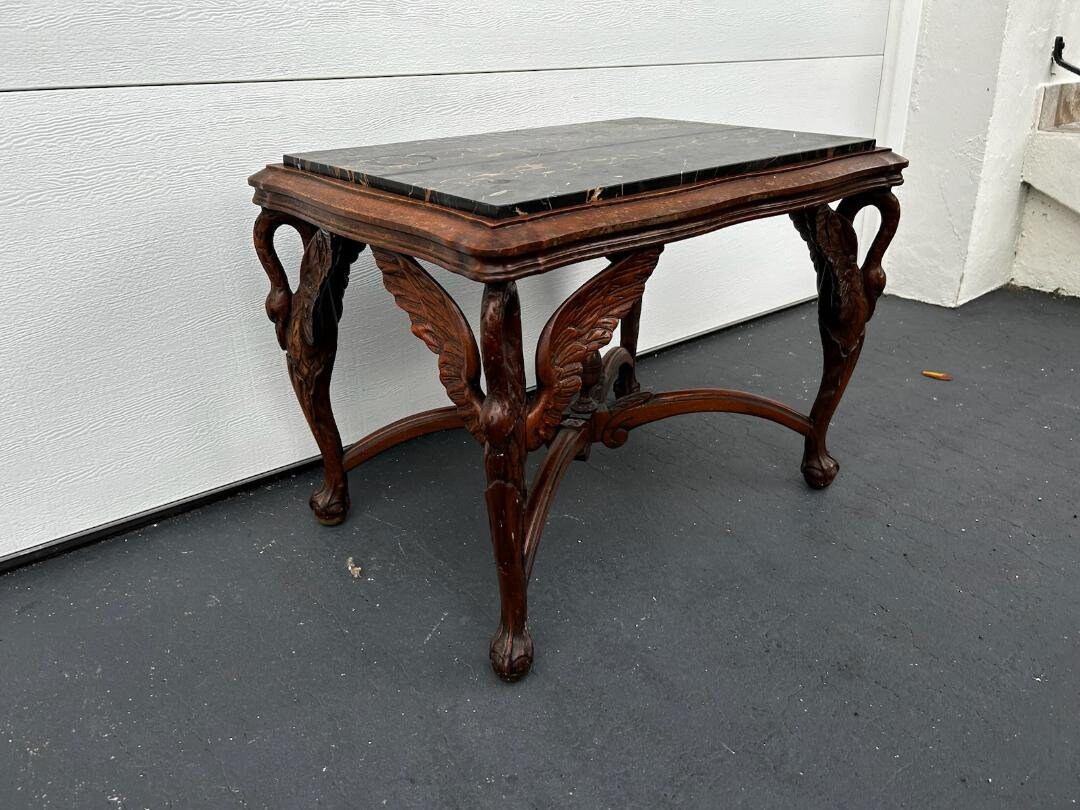 Vintage Carved Milano Furniture Swan End Side Table With Black Marble ...