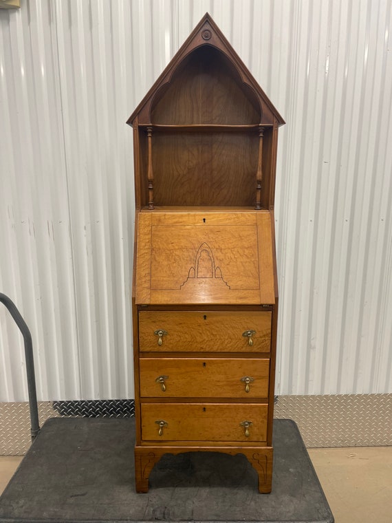 Custom Pointed Birds Eye Maple Secretary With Bookshelf Cubbies and Drawers Etsy