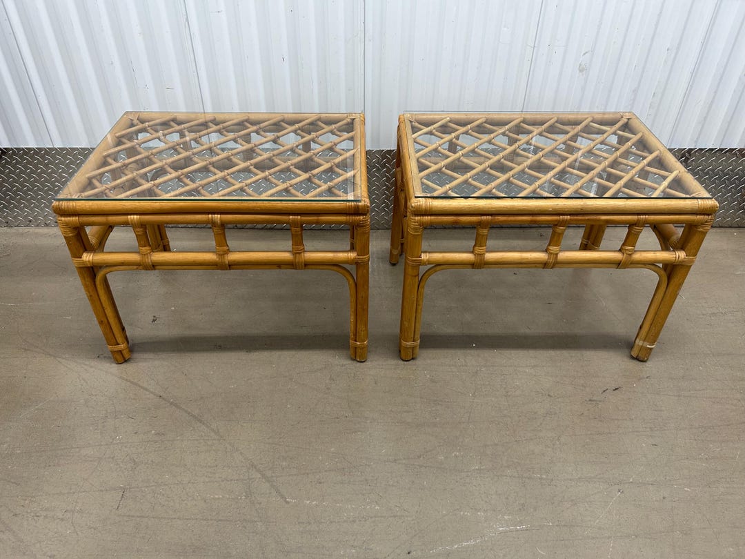 Pair Natural Rattan Lattice Glass Top End Tables Ready to Go - Etsy