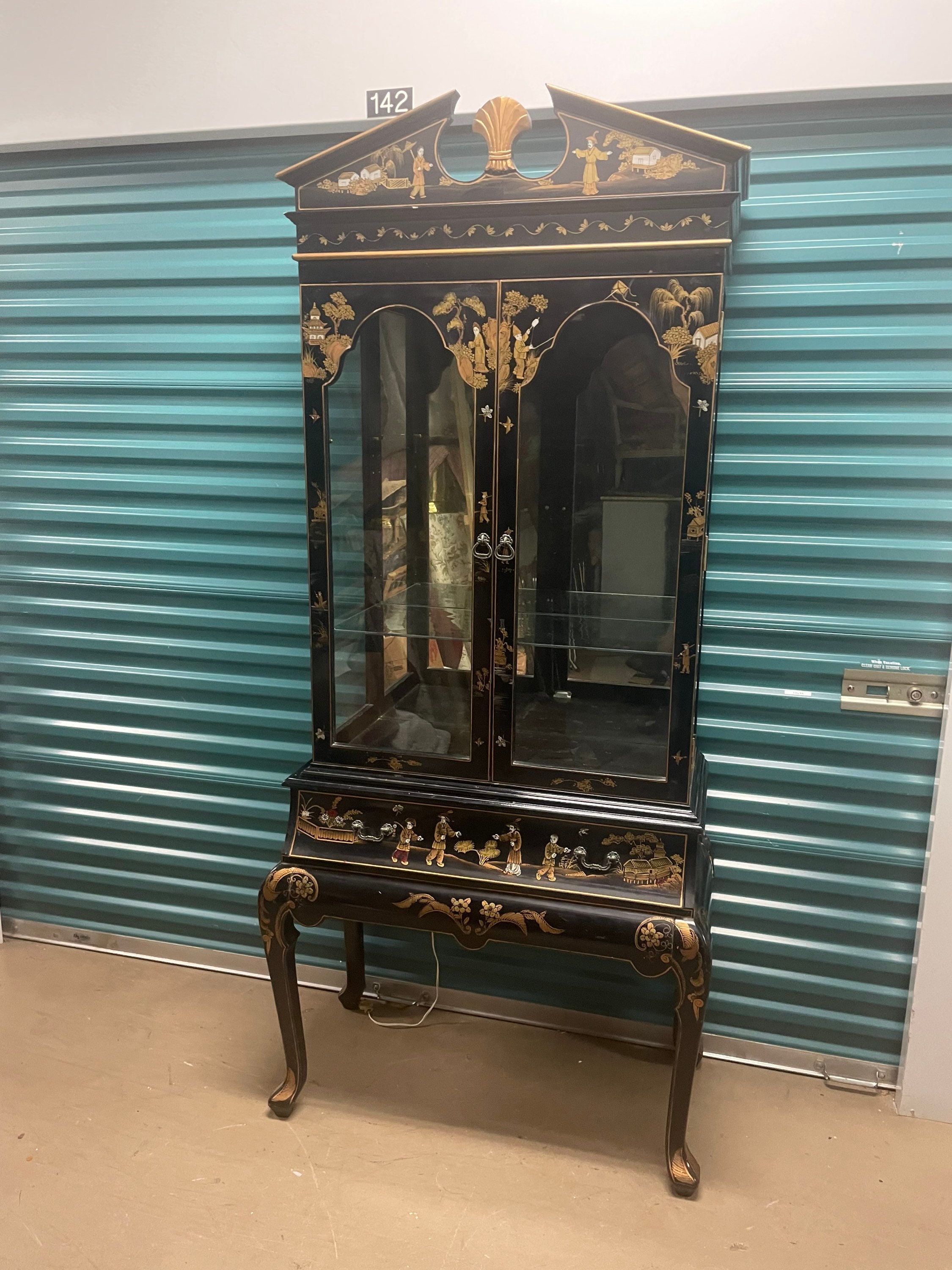 Chinoiserie Black and Gold Federal Style Hand Painted Light up China Cabinet With Drawer and Two Shelves Etsy