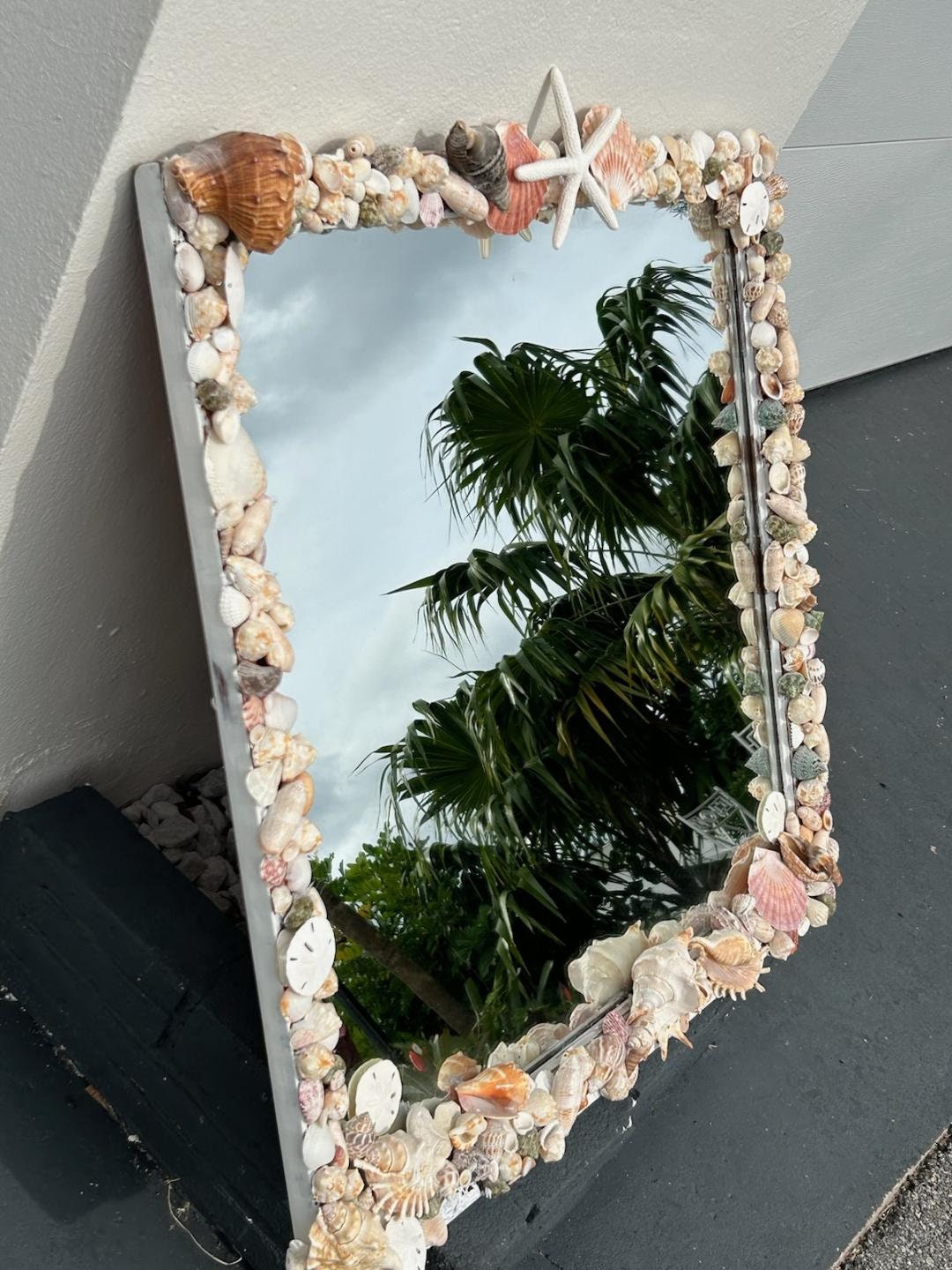 Custom White Wood 33 X 34 Seashell Mirror With Starfish and Sand ...