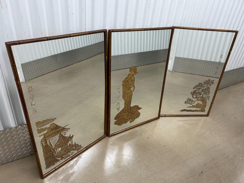Set of Three Eglomise Reverse Painted and Framed Asian Mirrors ...