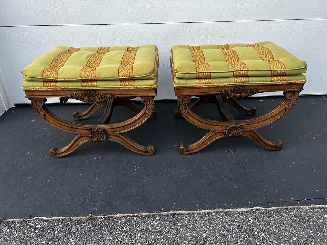 Pair of Vintage Carved X Benches Cerule Benches - Etsy