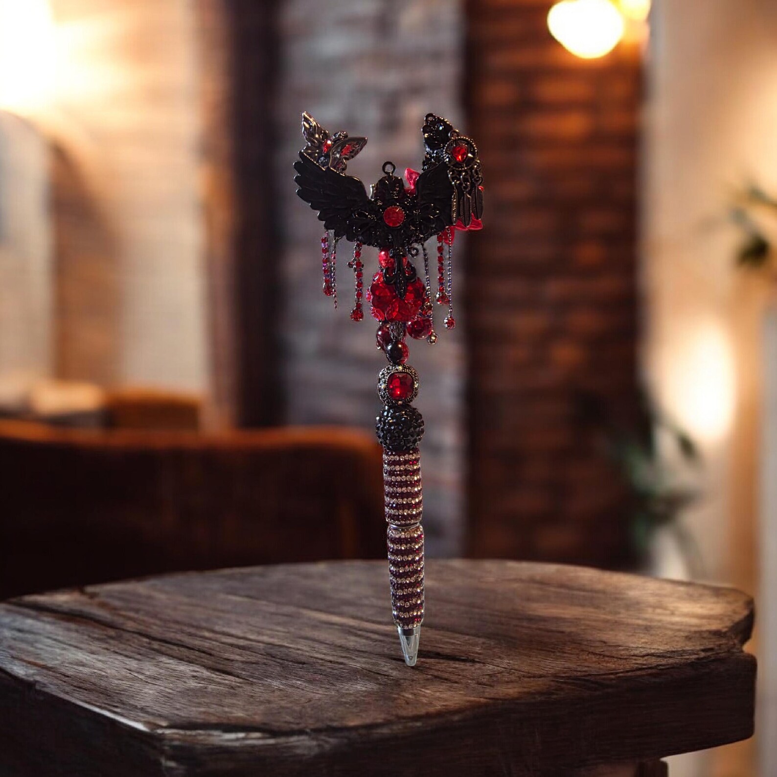 Gothic Angel Beaded Pen| Handmade Black & Red Rhinestone Crystal Pen ...