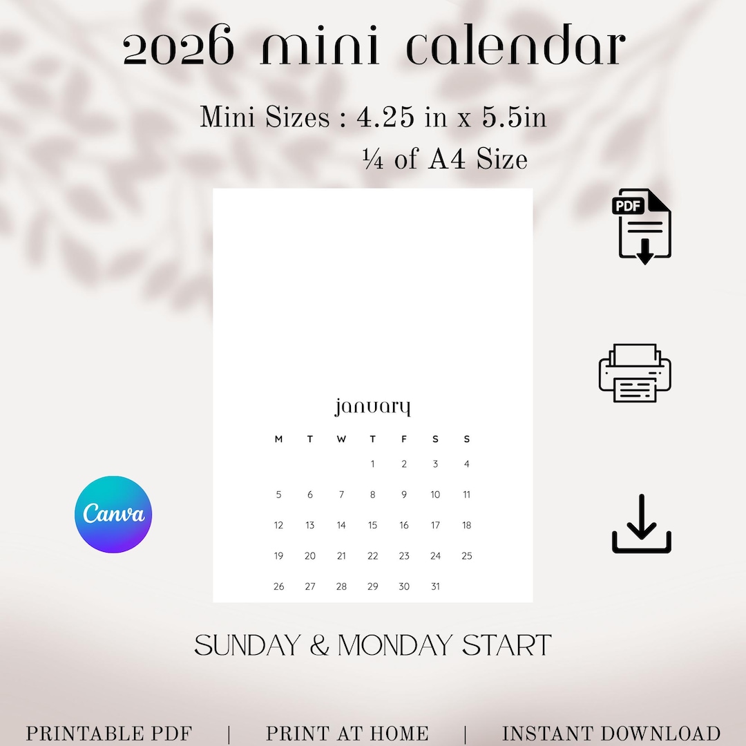 Editable 2026 Mini Calendar, Printable in Size 4.25x5.5 or A6, Instant ...