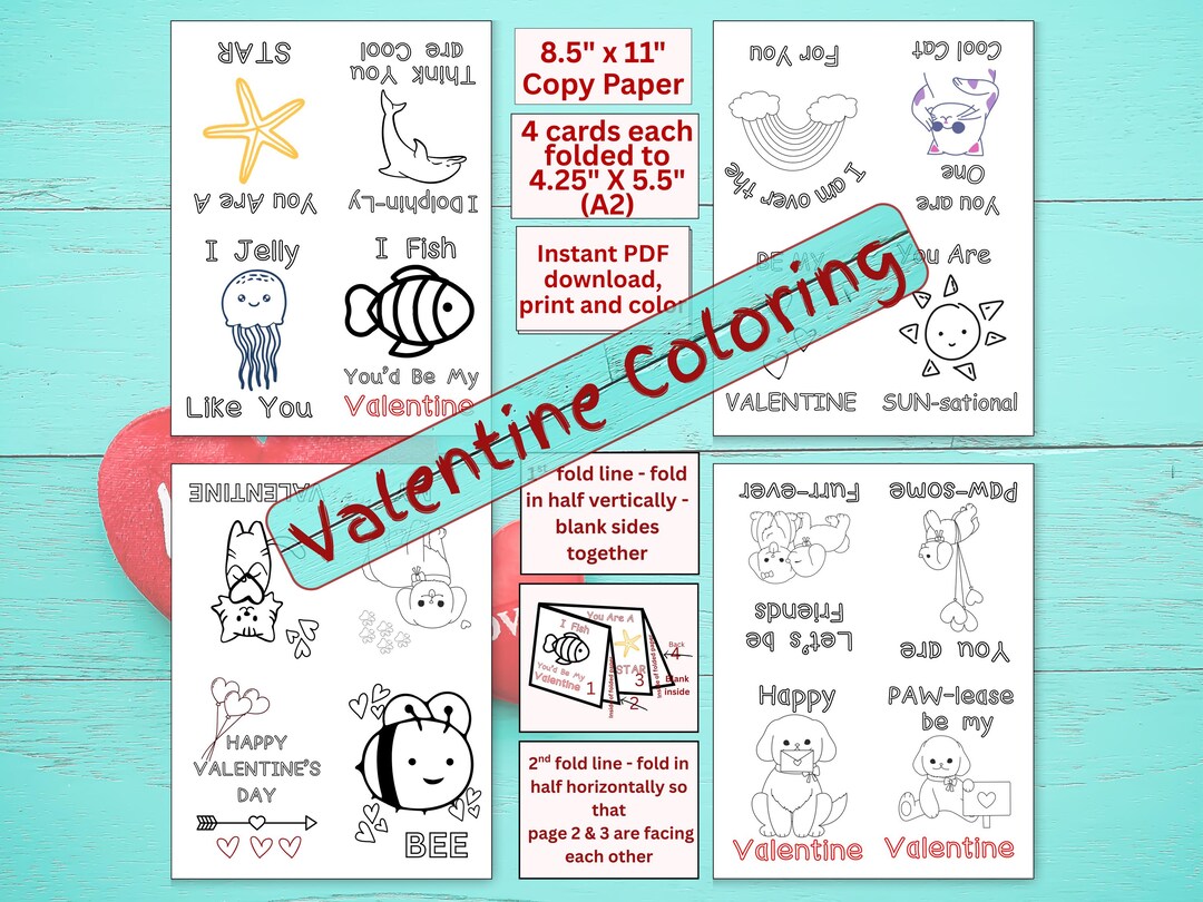 Printable Valentine Coloring Folding Cards. Letter Size Folds to A2 ...