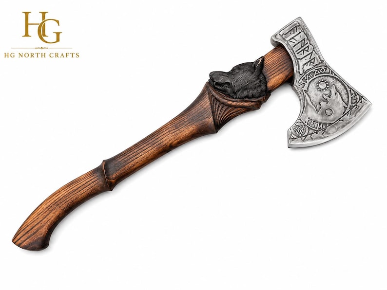 Fenrir Wolf Axe Hand Carved Flamed Ash Wood Handle Carbon Steel Head ...
