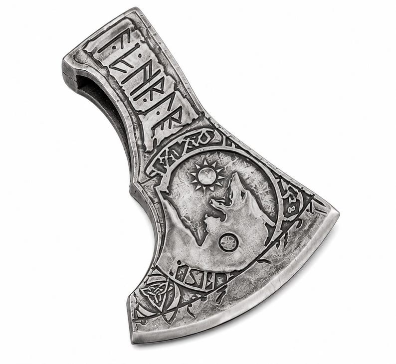 Fenrir Wolf Axe Hand Carved Flamed Ash Wood Handle Carbon Steel Head ...