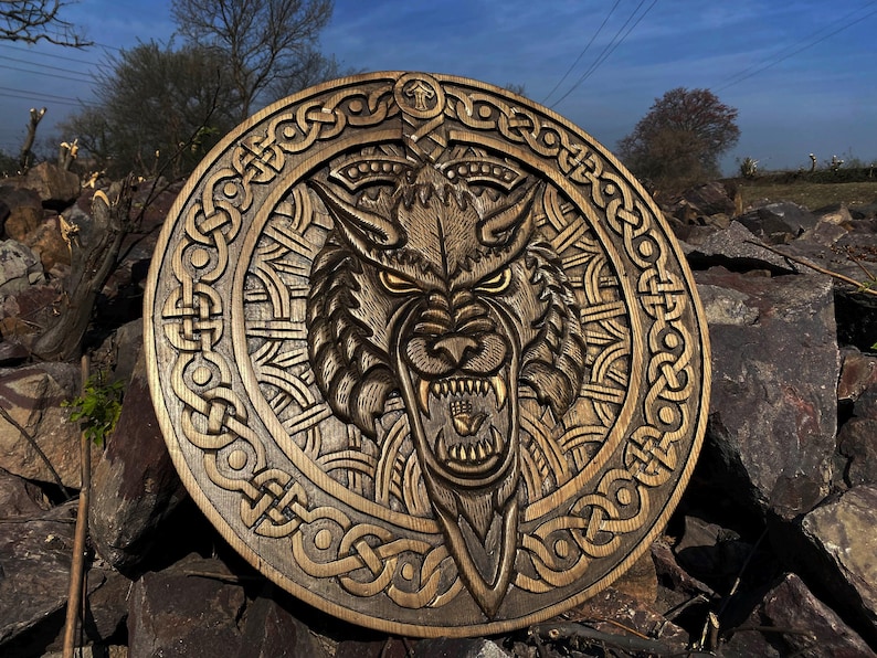 Hand Carved Ash Wood Viking Shield: Fenrir Wolf Norse Knotwork Artwork ...