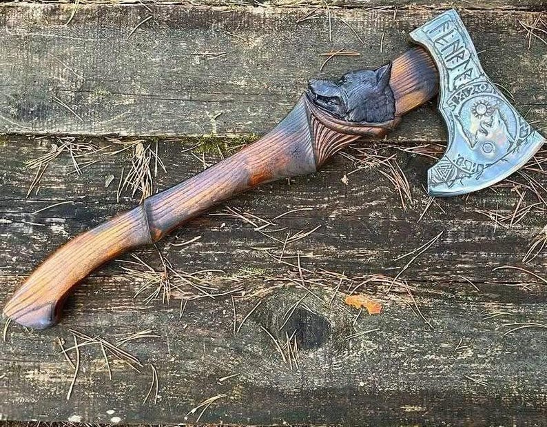 Fenrir Wolf Axe Hand Carved Flamed Ash Wood Handle Carbon Steel Head ...