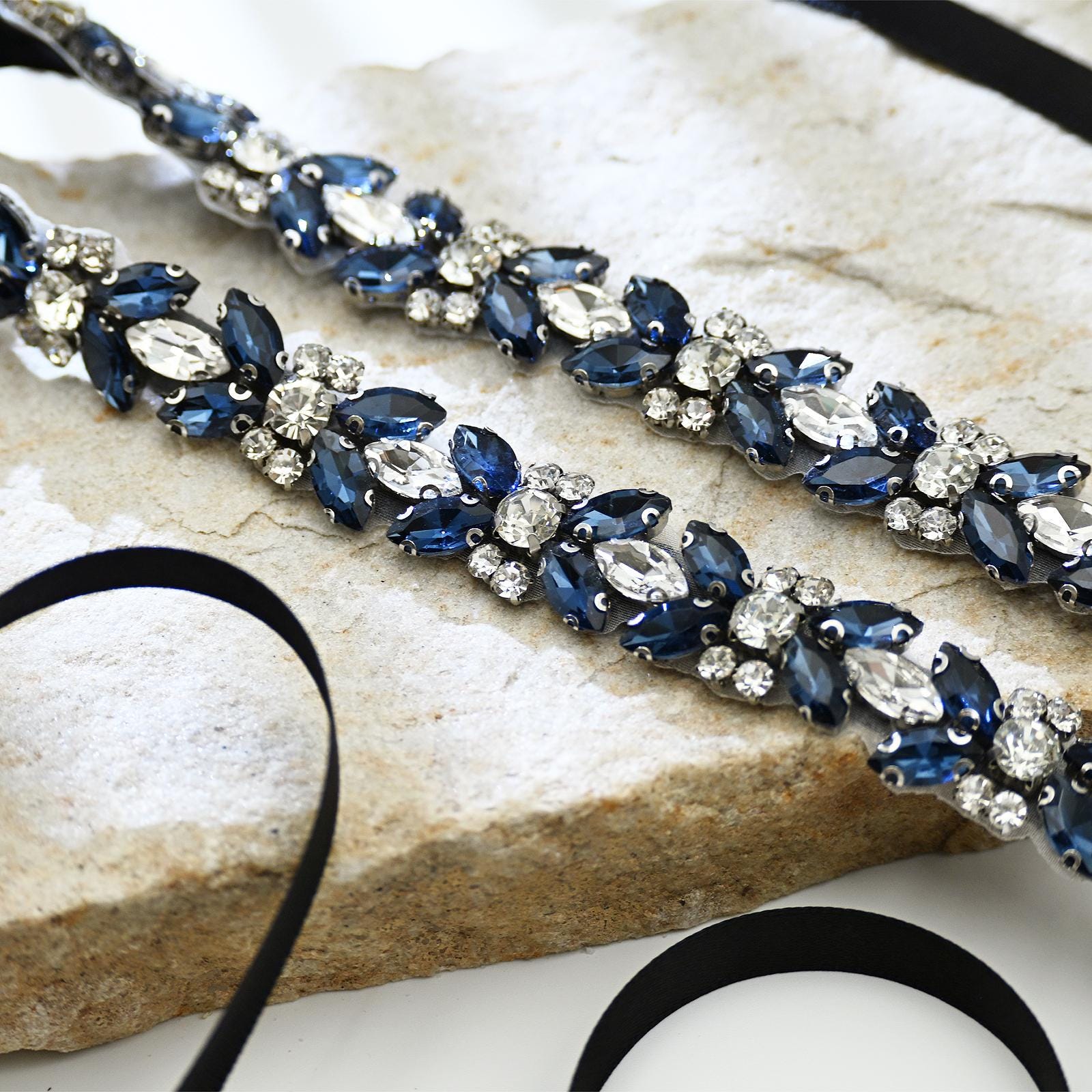 Luxury Blue Rhinestone Bridal Belt, Navy Bridesmaid Sashes, Bridella ...