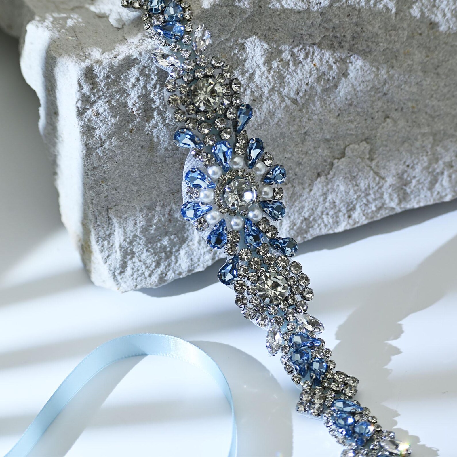 Bridella BS351QL Light Blue Rhinestone & Pearl Belt Beach Wedding Belt ...