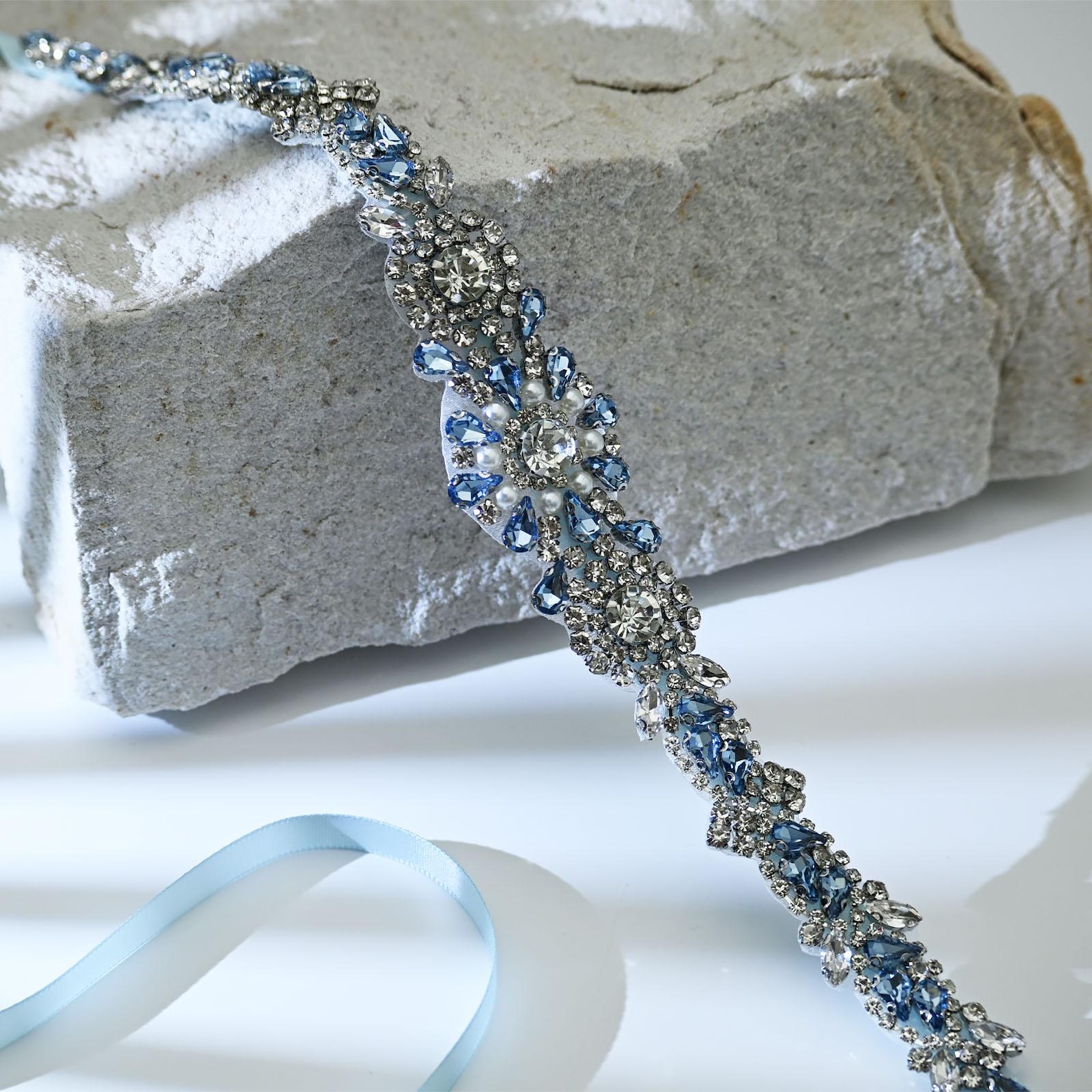 Bridella BS351QL Light Blue Rhinestone & Pearl Belt Beach Wedding Belt ...