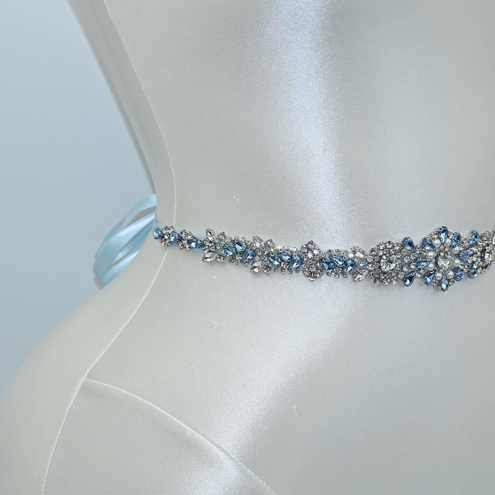 Bridella BS351QL Light Blue Rhinestone & Pearl Belt Beach Wedding Belt ...