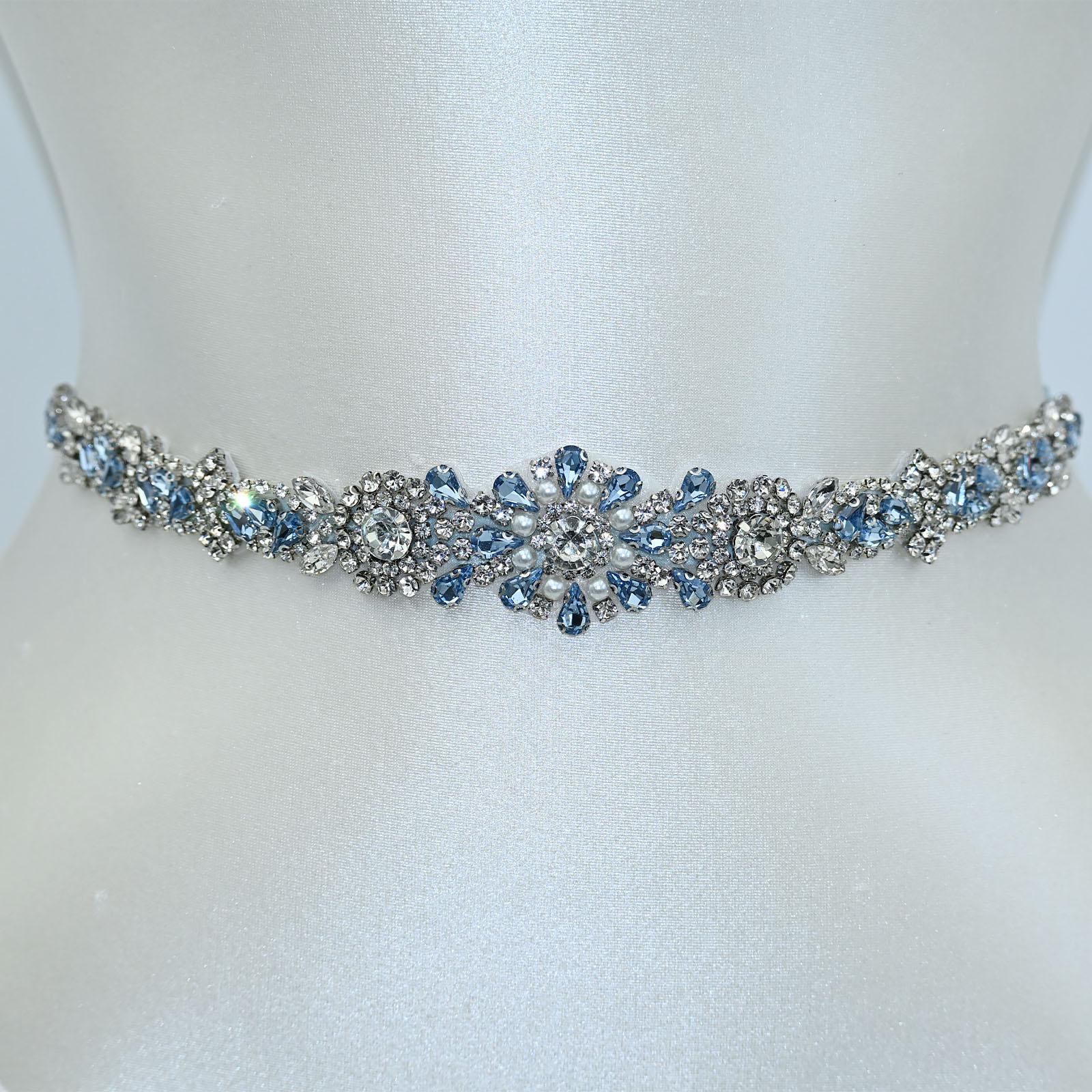 Bridella BS351QL Light Blue Rhinestone & Pearl Belt Beach Wedding Belt ...