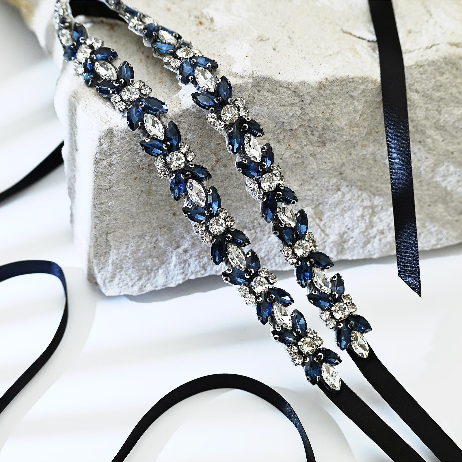 Luxury Blue Rhinestone Bridal Belt, Navy Bridesmaid Sashes, Bridella ...