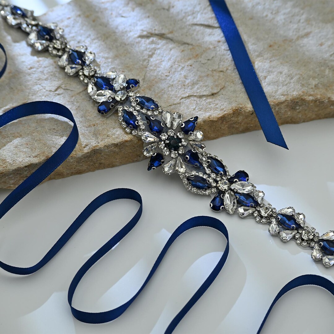 Bridella Bs167ml-navy Blue Blue Rhinestone Belt Romantic Wedding Sashes ...
