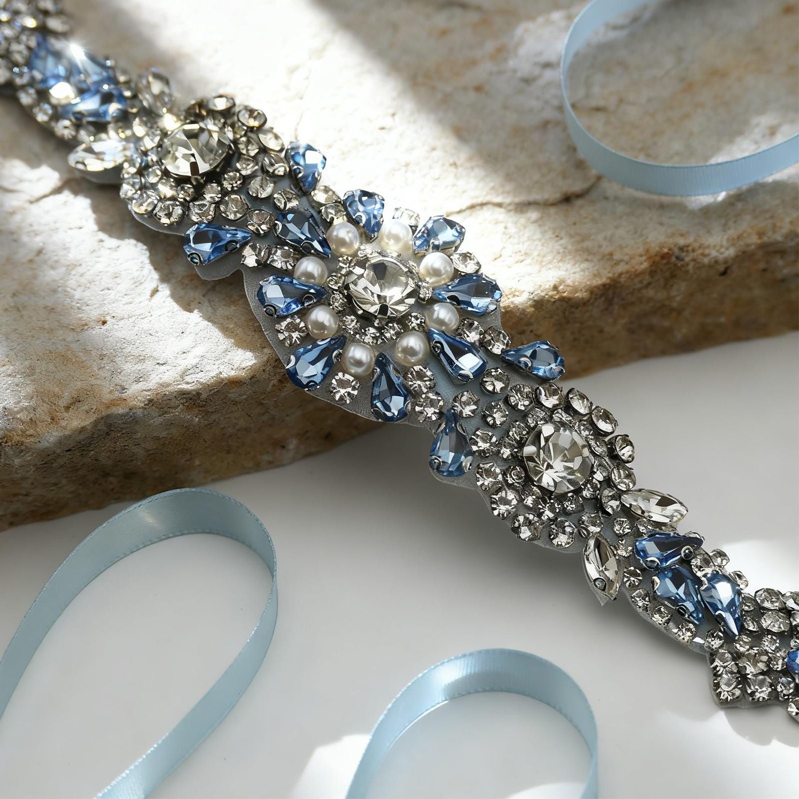 Bridella BS351QL Light Blue Rhinestone & Pearl Belt Beach Wedding Belt ...