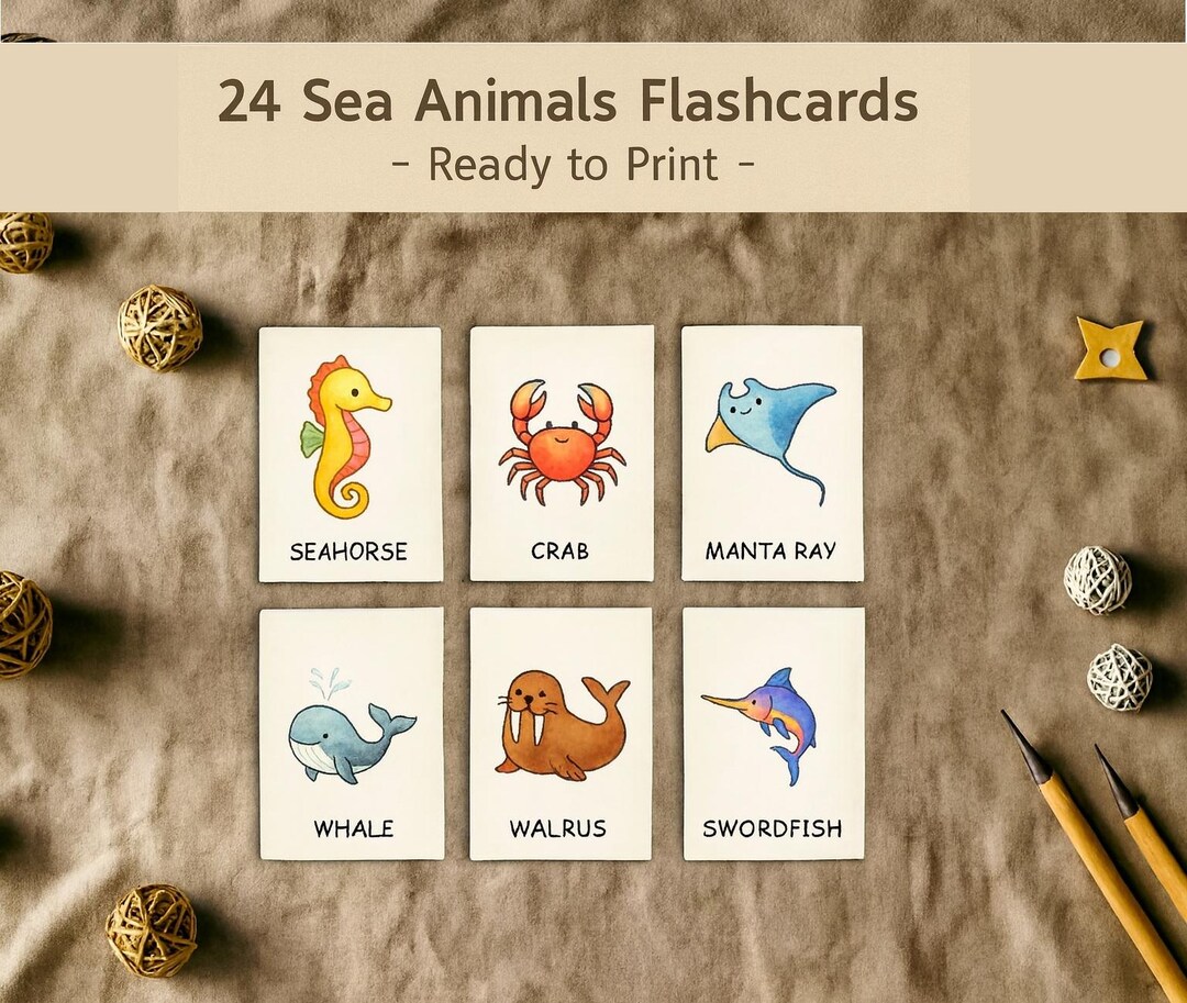 24 Sea Animals Flash Cards | Montessori 3-part Cards Printable, INSTANT ...