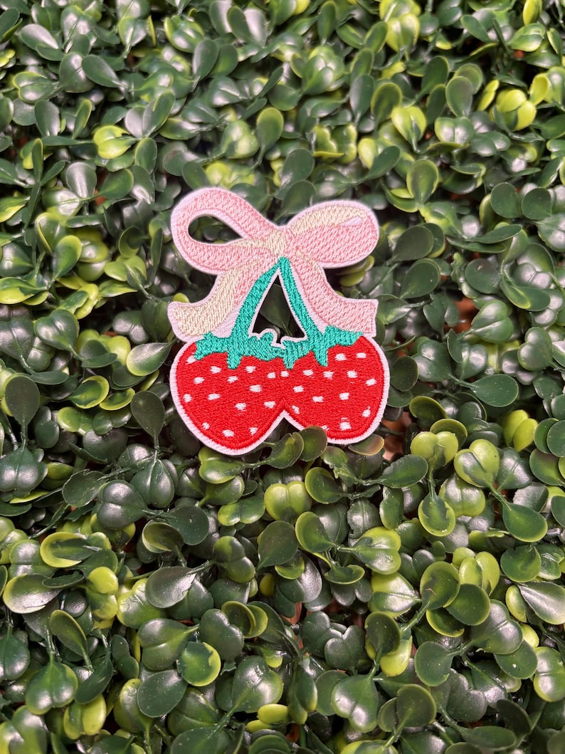 Strawberry-cherry Bow Patch | Embroidered Iron-on Applique - Etsy