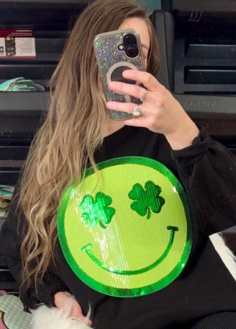 Sequin Smiley Face Patch | Four Leaf Clover, St. Patrick's Day Iron-on ...