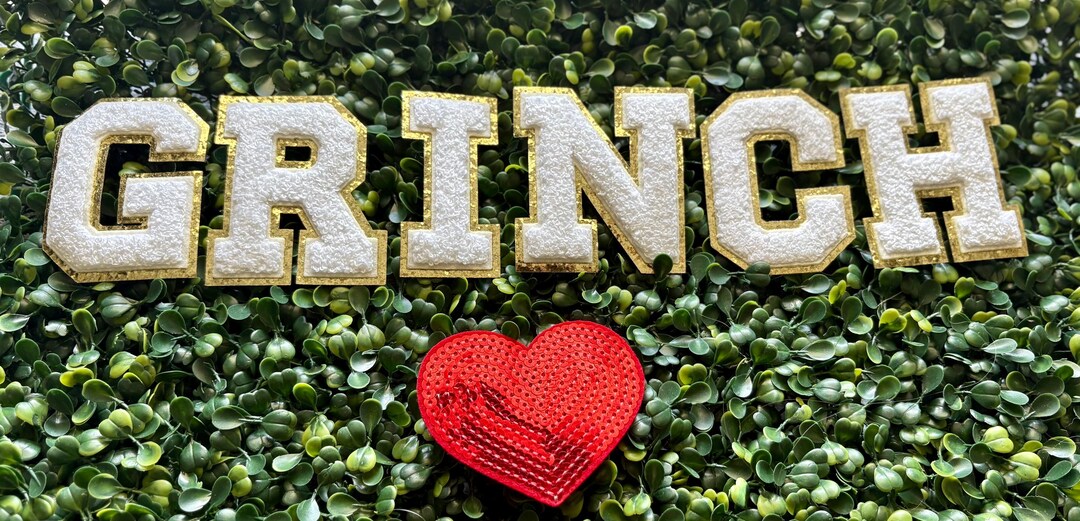 Grinch White Letters With Red Sequin Heart Chenille Sequin Patch | 2.5 ...