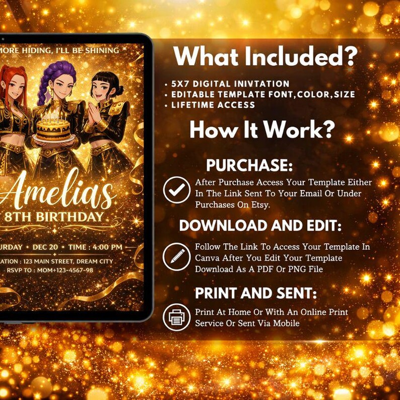 Kpop Demon Hunters Birthday Invitation, Huntrix Kpop Party Invite ...