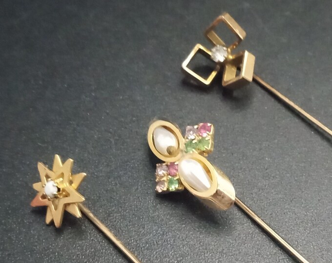 Vintage Set of 3 Rhinestone Hat Stick Pins - Etsy