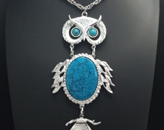 Vintage Faux Blue Turquoise Large Owl Pendant Necklace - Etsy