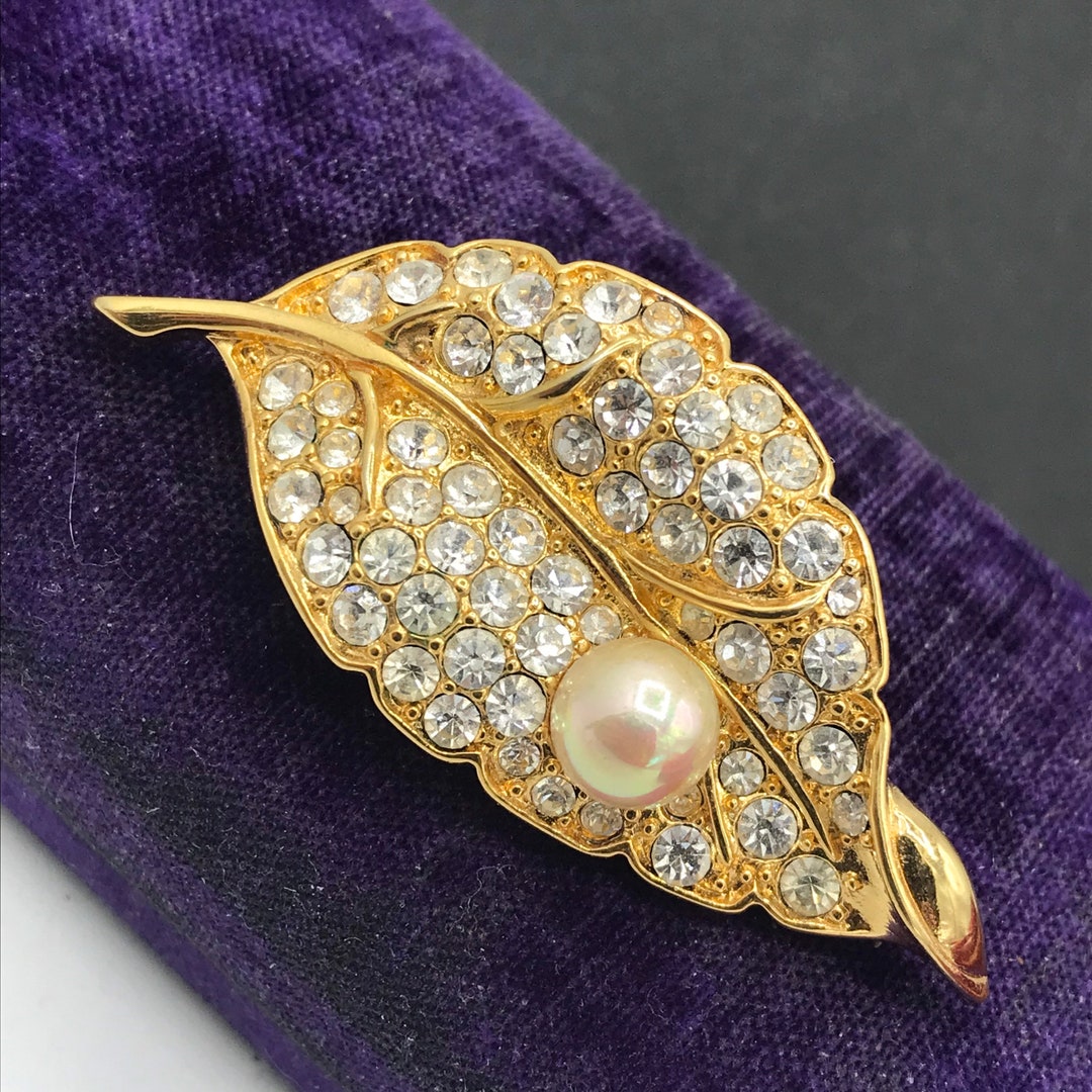 Nolan Miller Designer Signed Rhinestone Leaf Brooch Pin, Collectible ...
