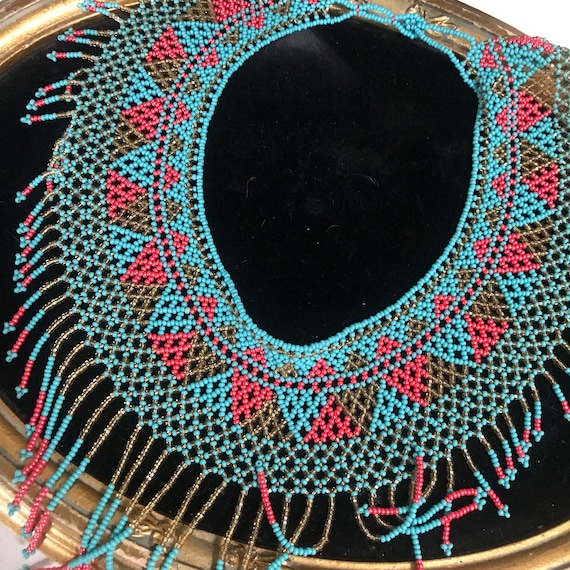 Native American hand beaded aqua maroon gold beaded n… - Gem