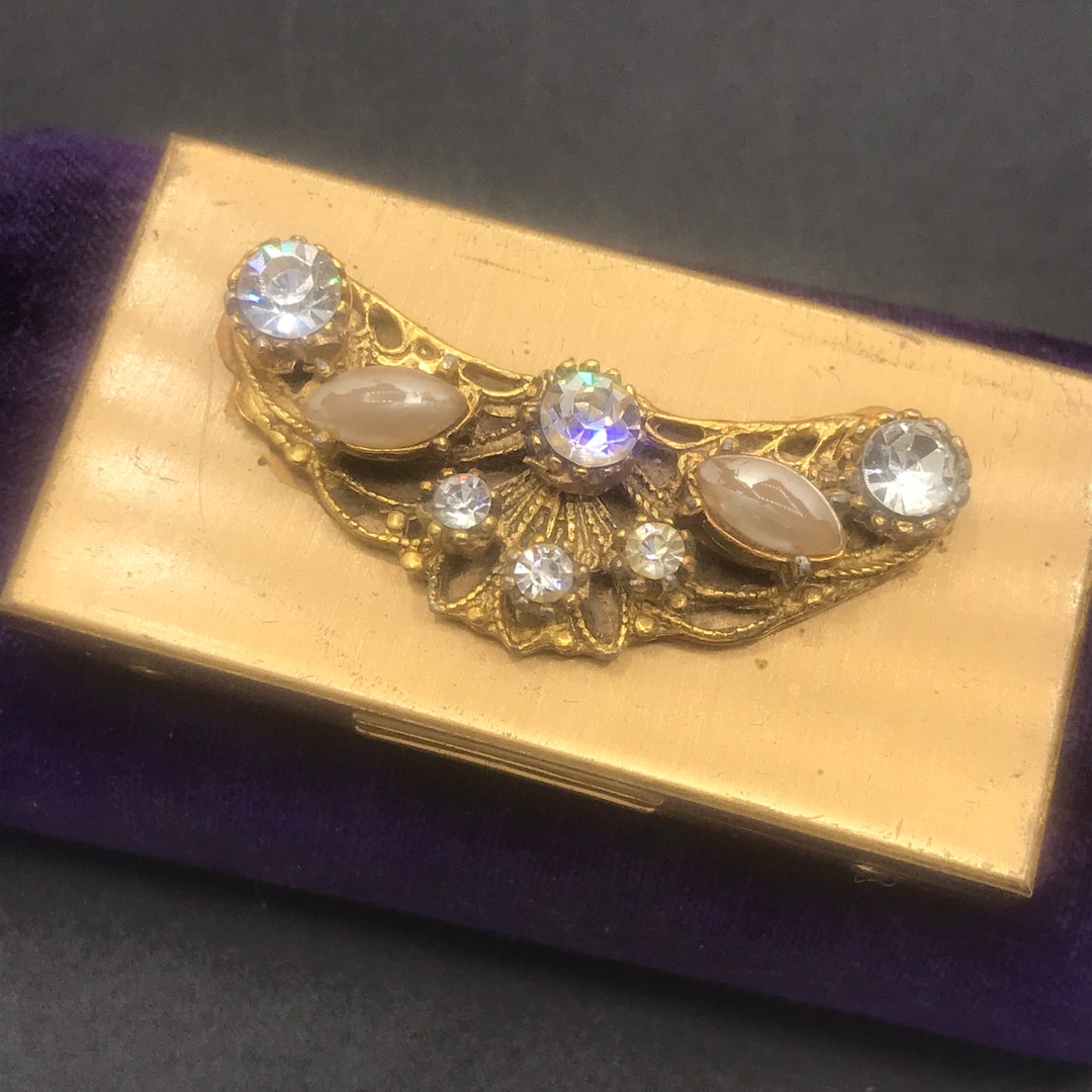 1950s Rhinestone Trinket Pill Box, Collectible Vanity Brass Mid-century ...