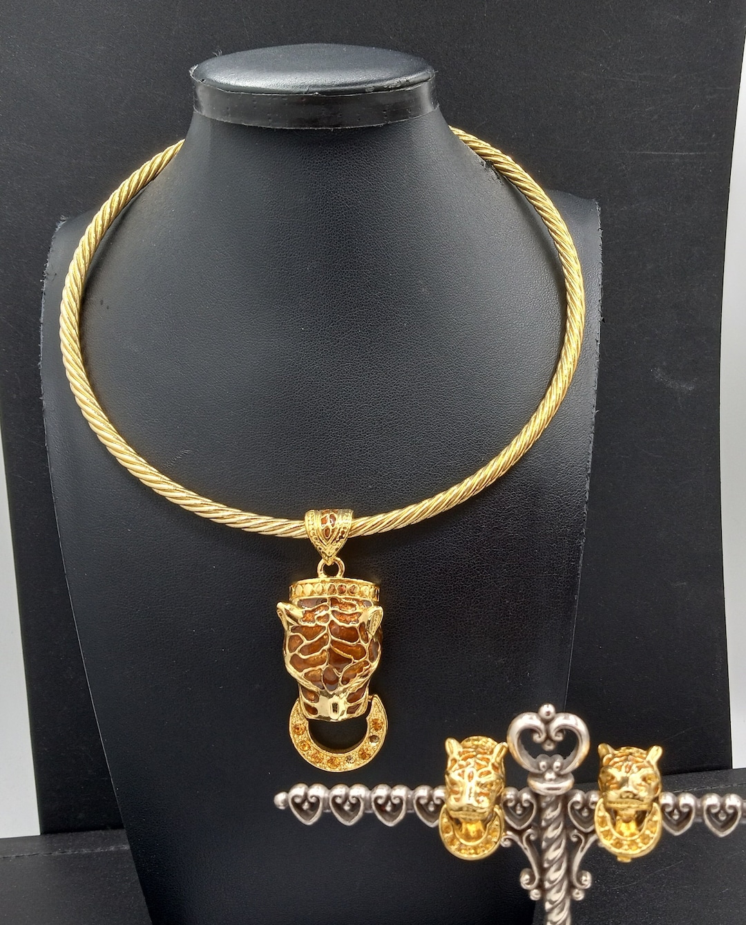 Vintage Rhinestone Leopard Cat Tiger Collar Pendant Necklace & Clip on ...