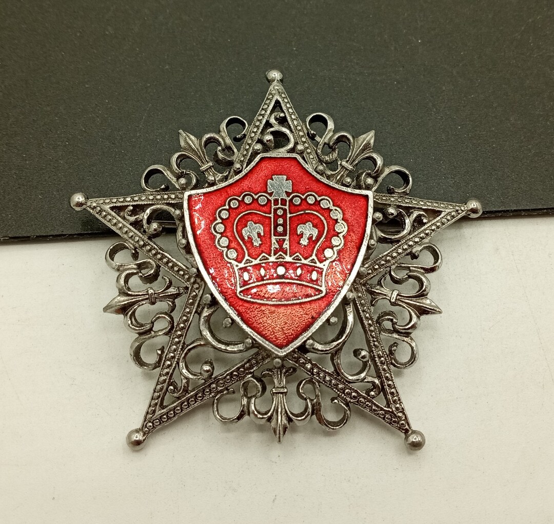 Vintage Red Enamel Heraldic Crown Shield Brooch Pin - Etsy