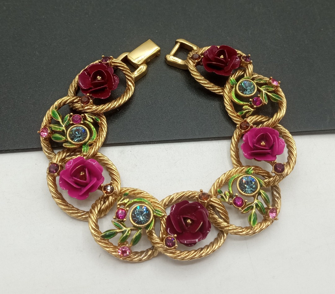 Joan Rivers Vintage Signed Pink Flower Rhinestone Bracelet, Designer ...
