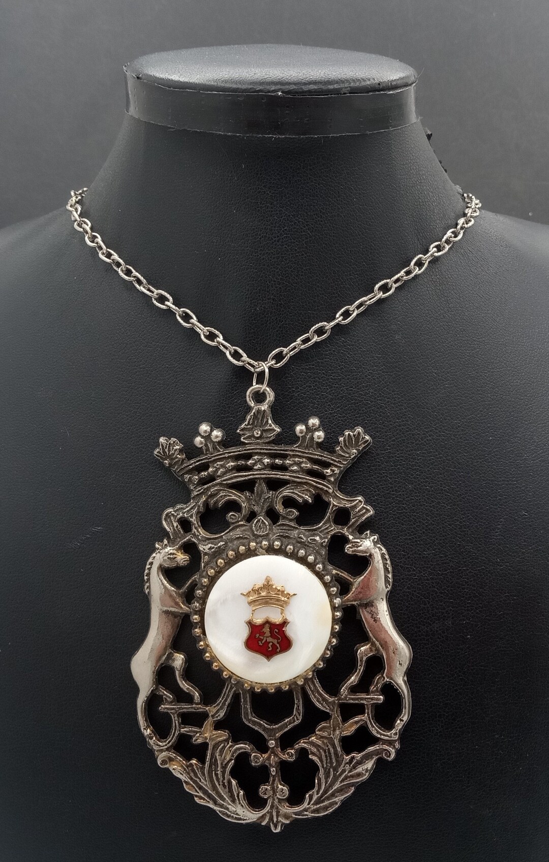 Vintage Heraldic Coat of Arms Crown Lion Pendant Necklace, 1950's 1960 ...