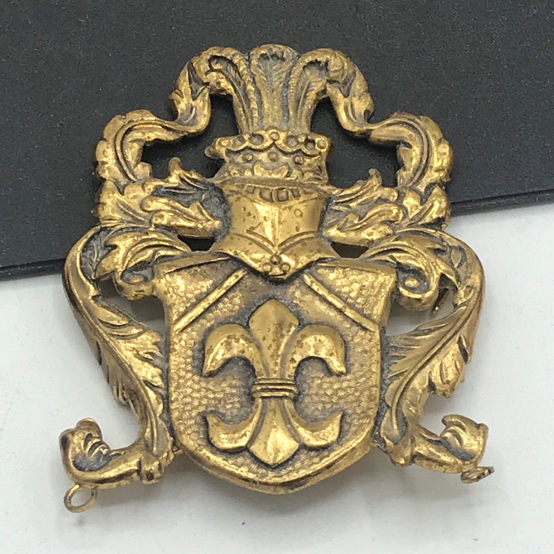 Vintage Crown Knight Fleur De Lis Crest Shield Coat of Arms Brooch ...