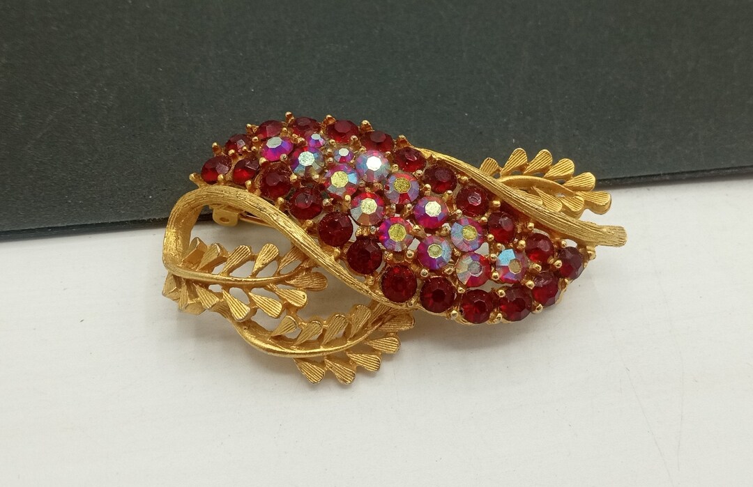 B.S.K. Vintage Designer Signed Red Rhinestone Brooch Pin - Etsy