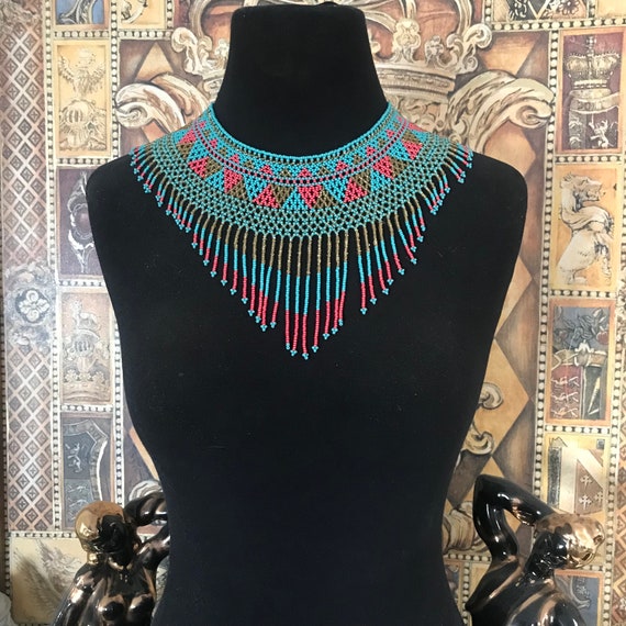 Native American hand beaded aqua maroon gold beaded n… - Gem