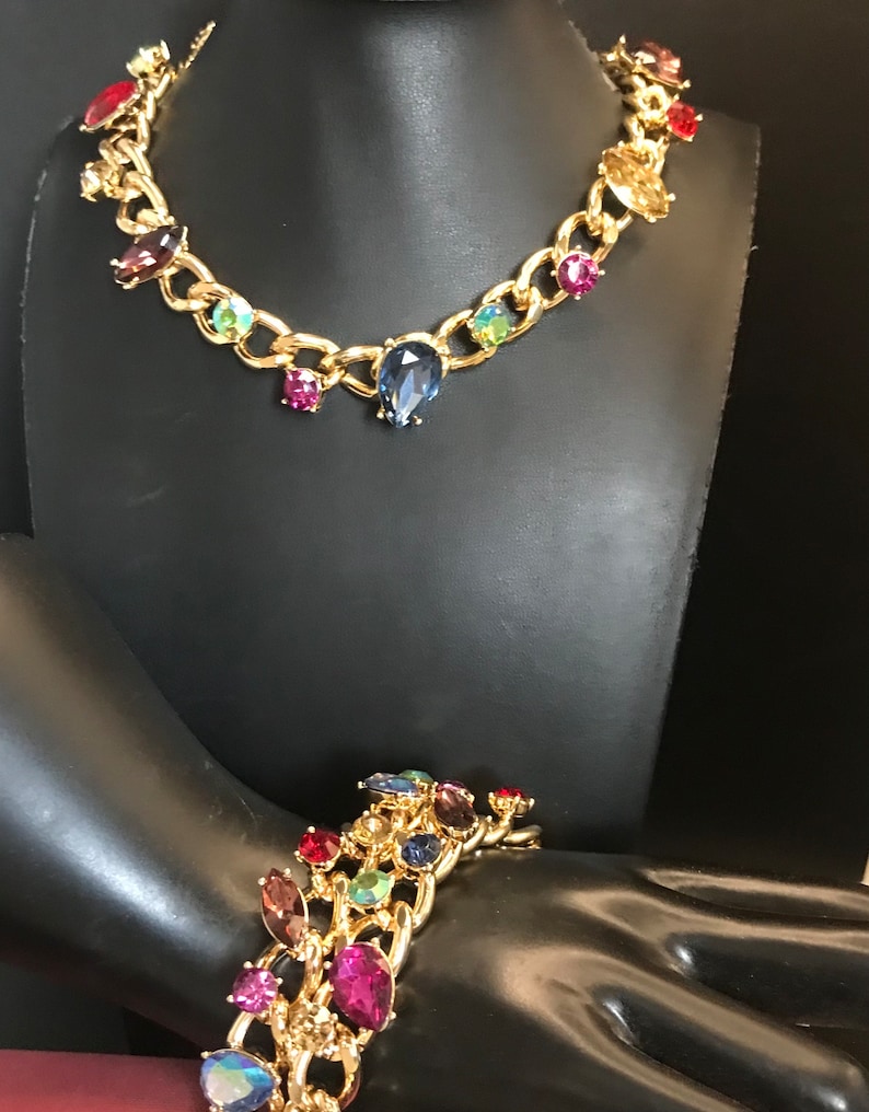 Vintage Necklace Bracelet Jewelry Set, 1990s Rhinestone Jewelry ...
