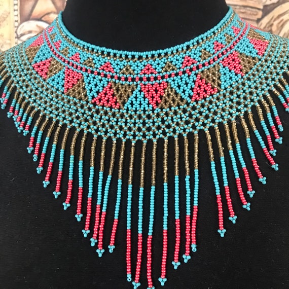 Native American hand beaded aqua maroon gold beaded n… - Gem