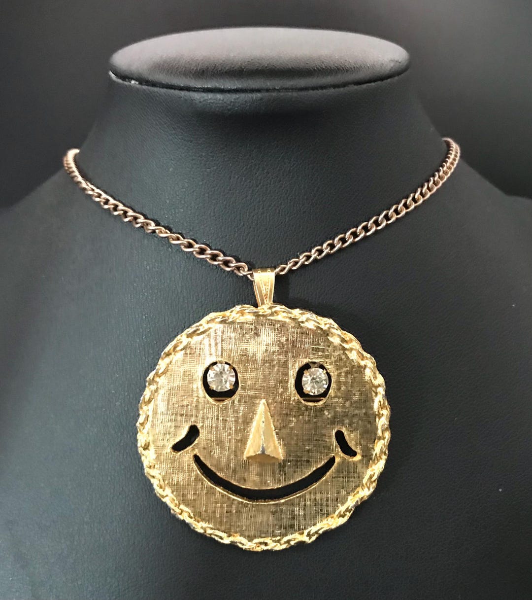 Vintage Smiley Face Rhinestone Eyes Brooch Pendant Necklace, 1970's ...