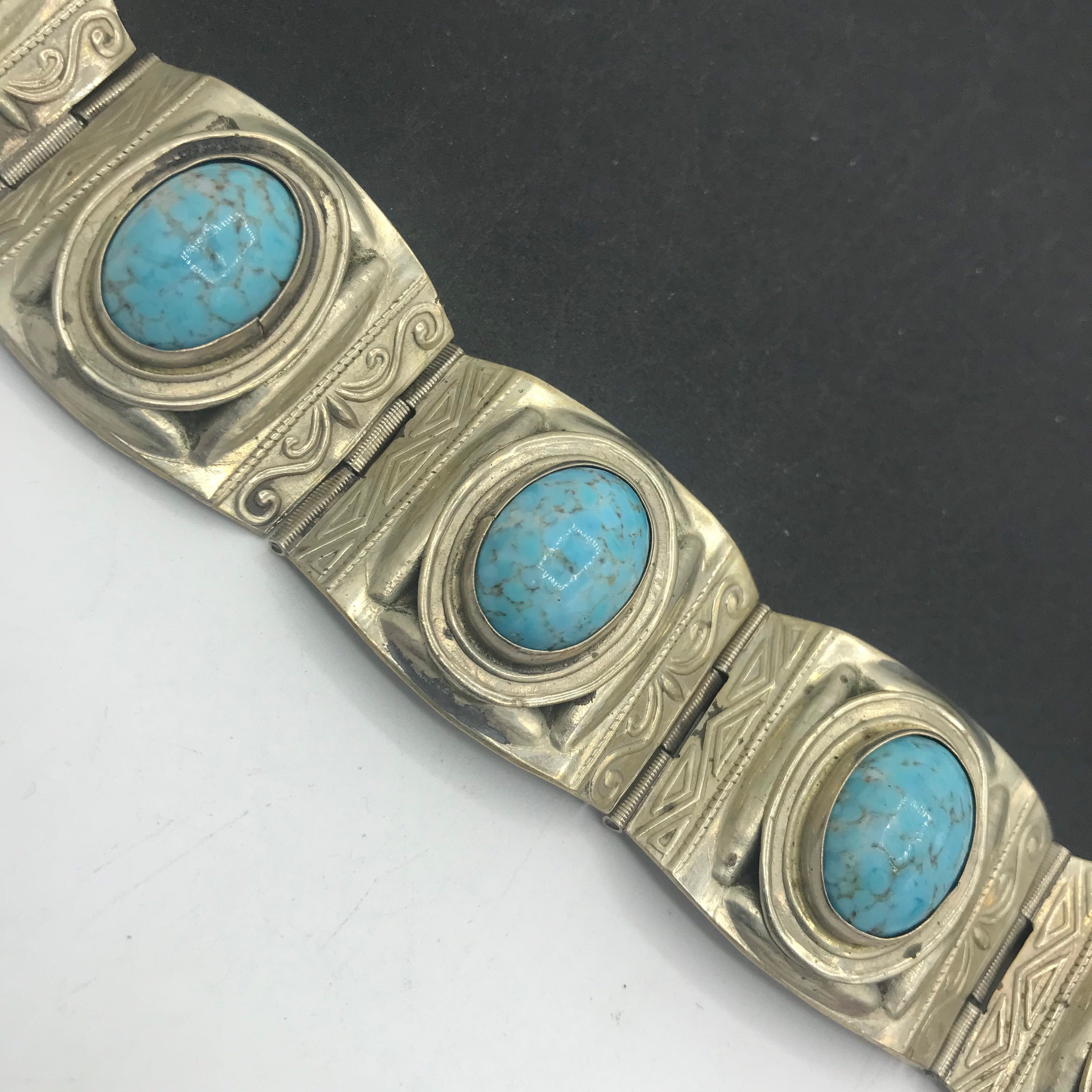 Vintage Mexico Blue Glass Stone Panel Bracelet, 1950s 1960s Collectible ...