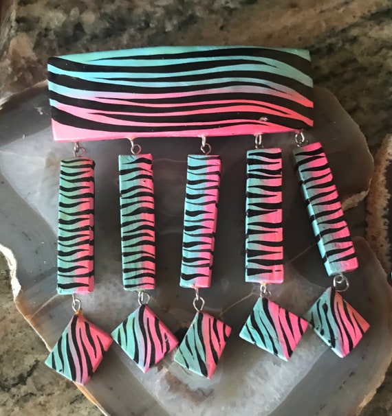 1980s Aqua Blue Pink Zebra Animal Print Fun Wooden Ha… - Gem