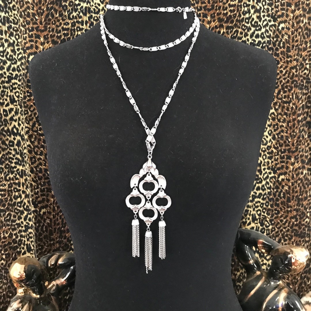 Monet Very Long Necklace, JJ Signed Fringe Pendant, Flapper Length ...