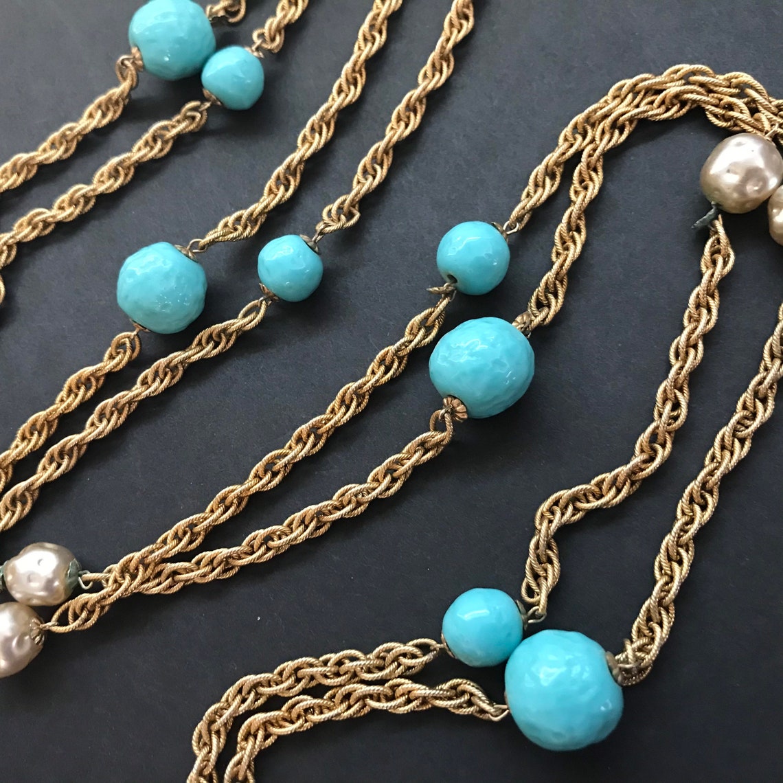 60 Inch Long Gold Tone Metal Chunky Chain Aqua Beaded 1960s - Etsy