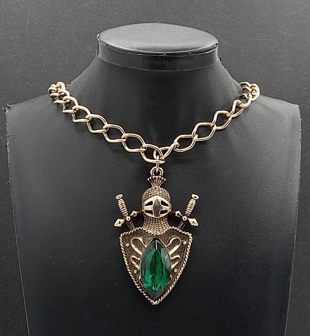 Vintage Chunky Chain Heraldic Knight Sword Shield Green Glass ...